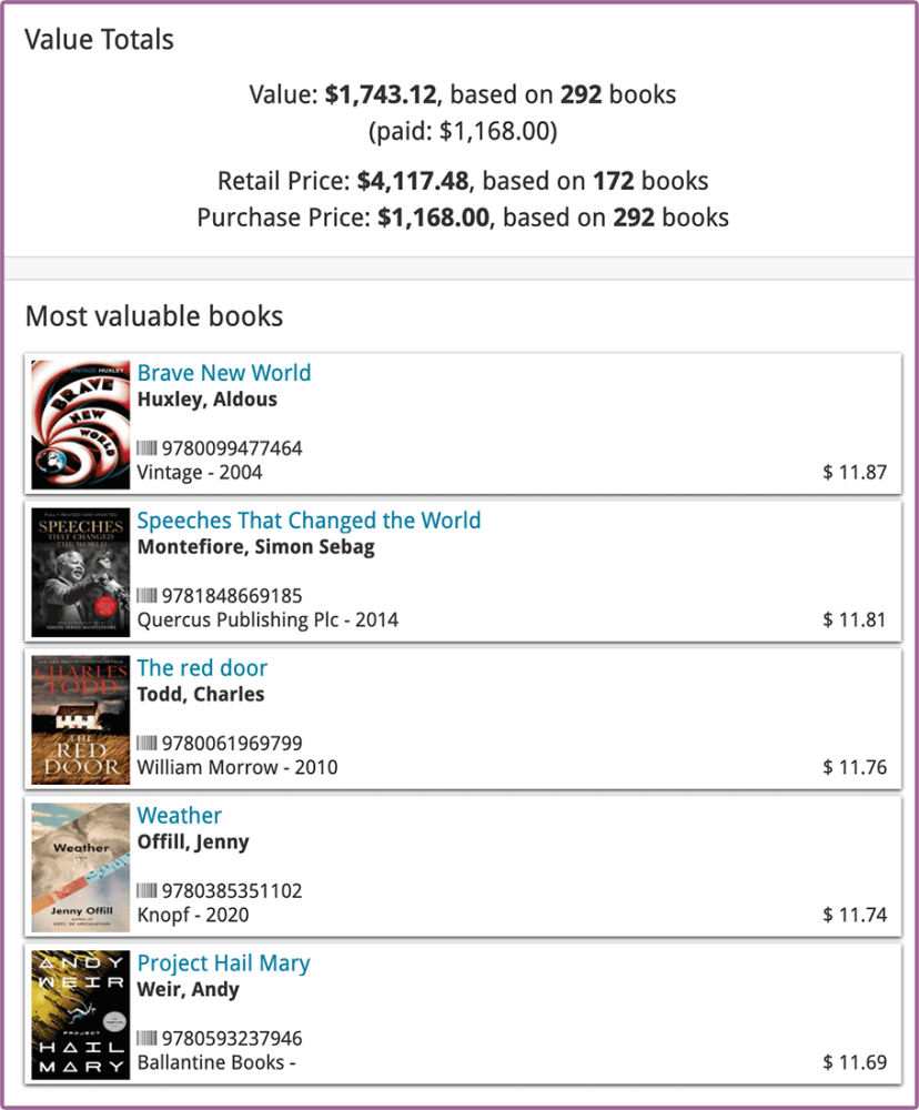 View values and statistics - CLZ Books Web - 1