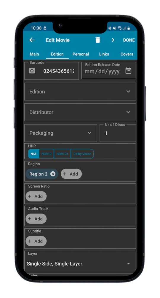 Edition tab - CLZ Movies Mobile - 1