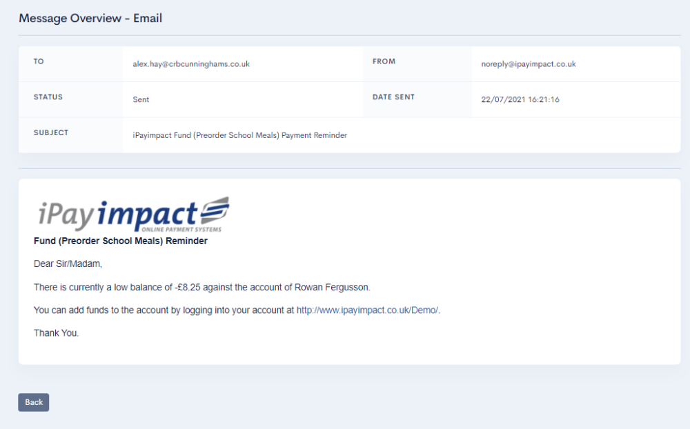 Sending Reminder emails - iPayimpact - School Login