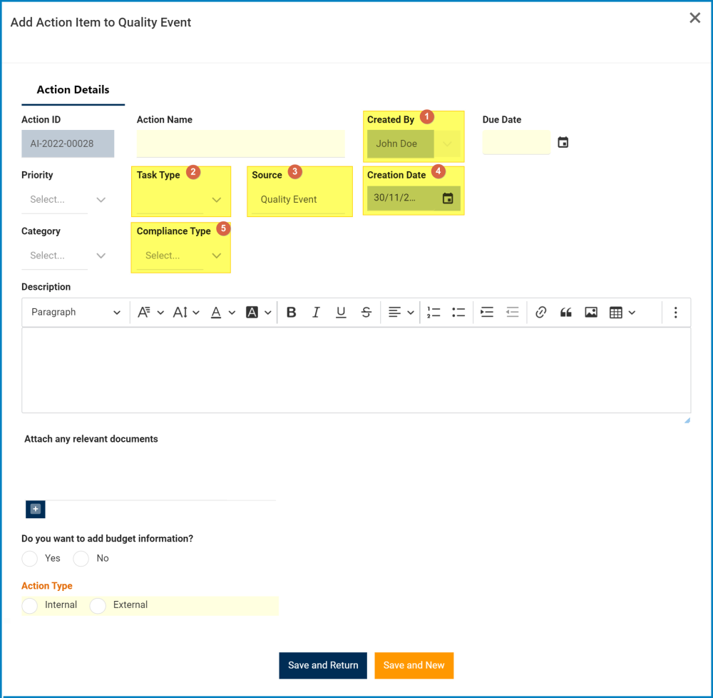 Add Action Item to Quality Event – New Fields - Quality Event - #14