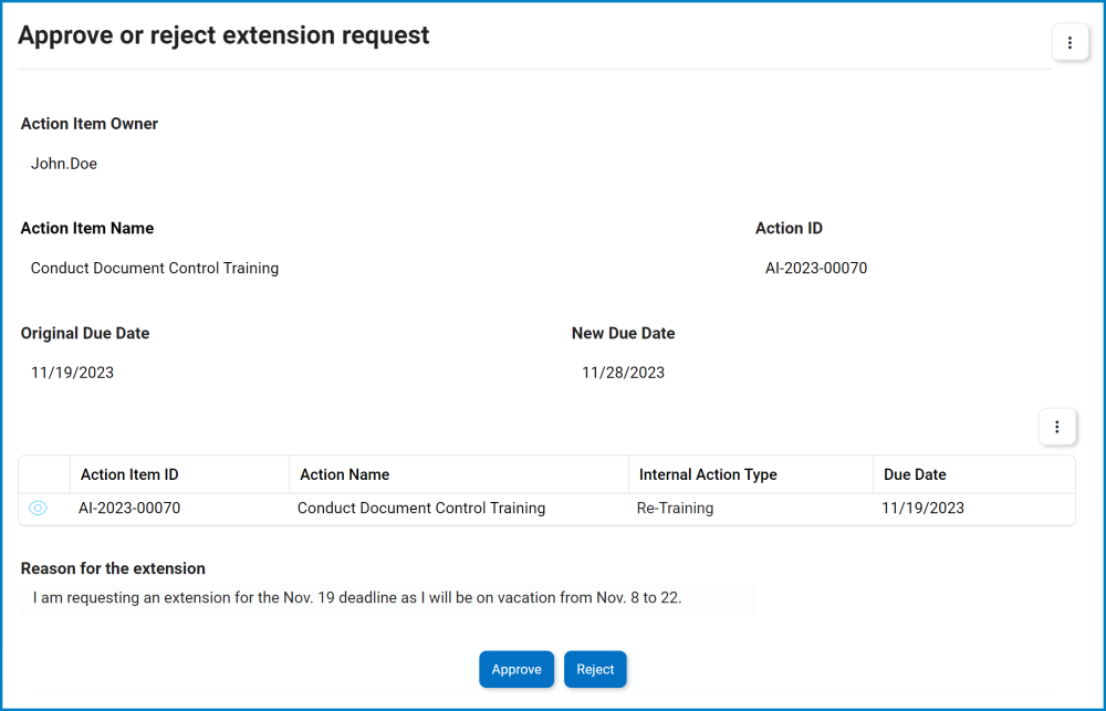 Approve or Reject Extension Request - Action Items - #14.1