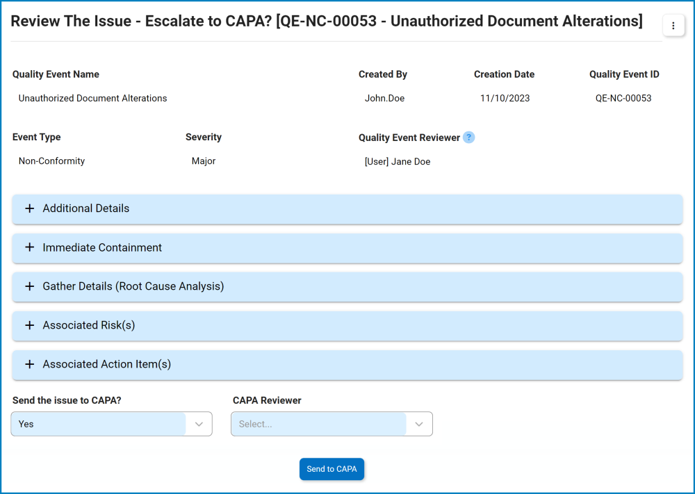 CAPA Triggered from Quality Event Application - CAPA - #11.1