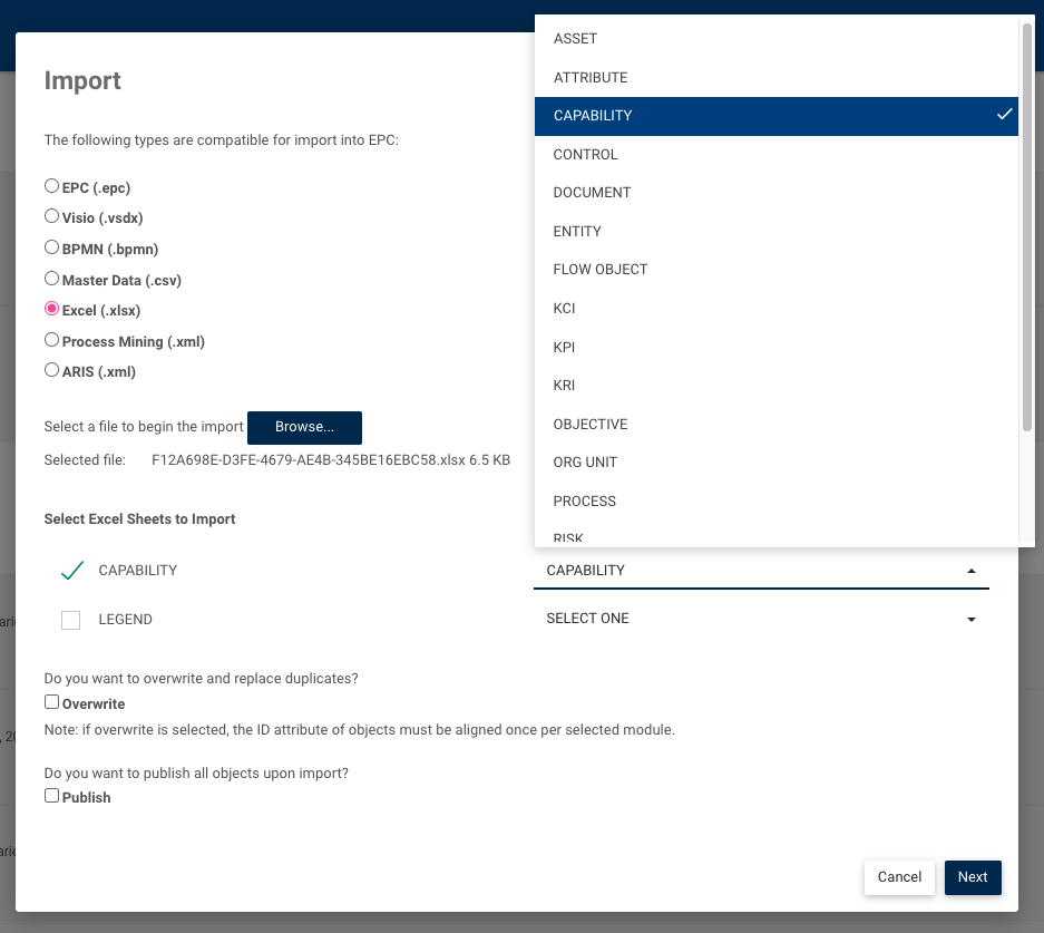 Excel Import & Export of Capability Data - EPC - WebApp Manual - 14.0