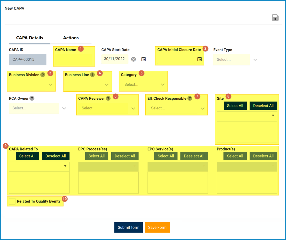 New CAPA – New Fields - CAPA - #11