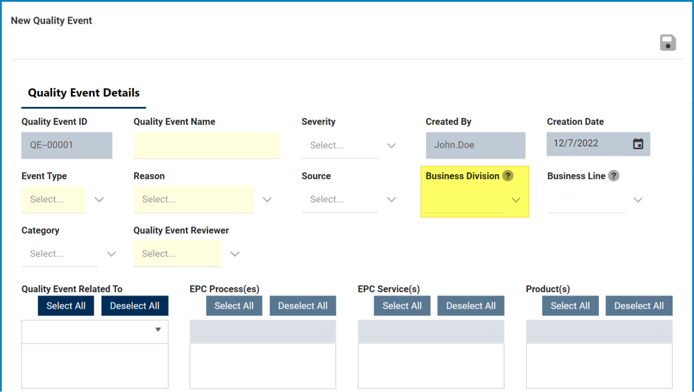 New Quality Event – Organization Dropdown Renamed as Business Division ...