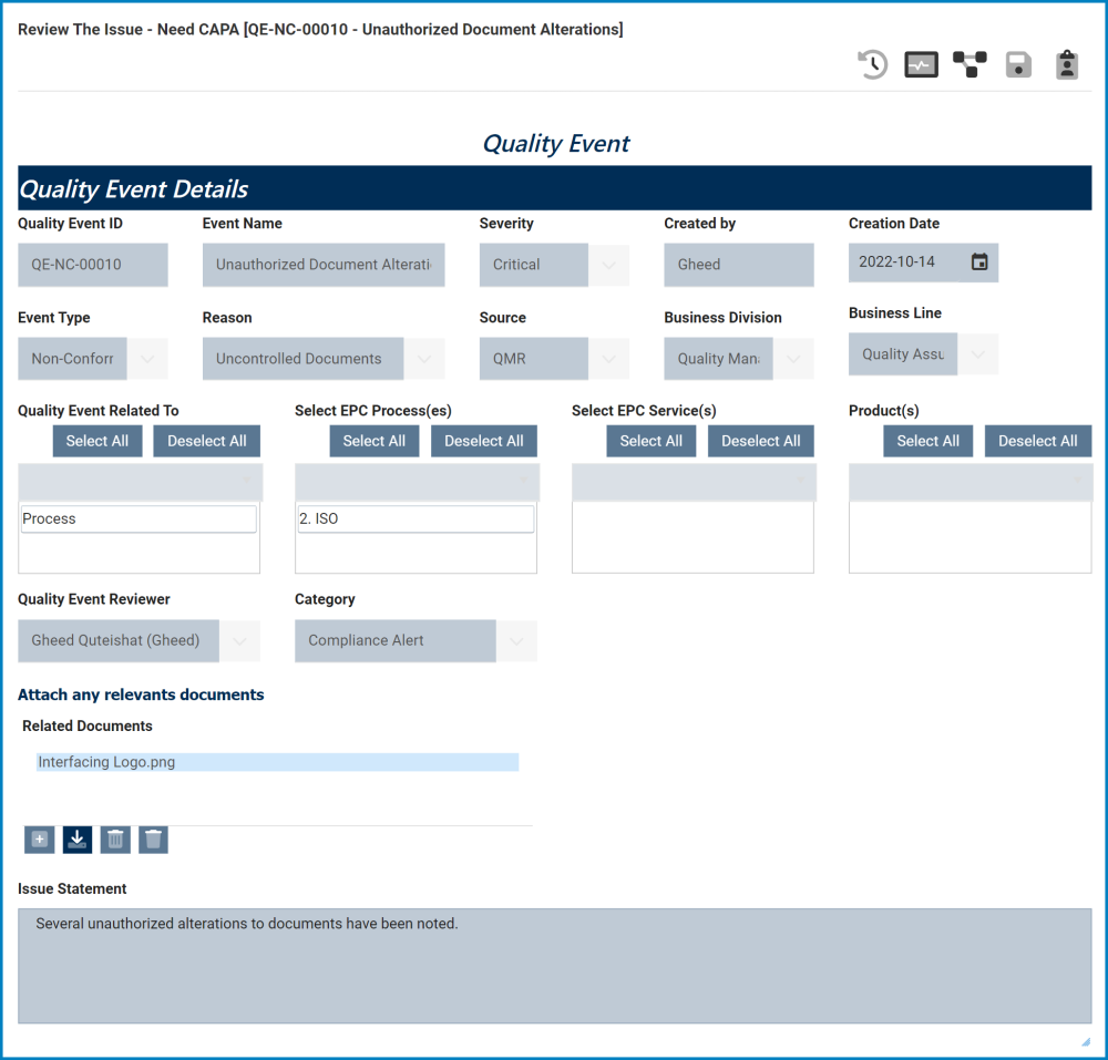 Review the Issue – Needs CAPA - DBP - QMS - Quality Event - #11