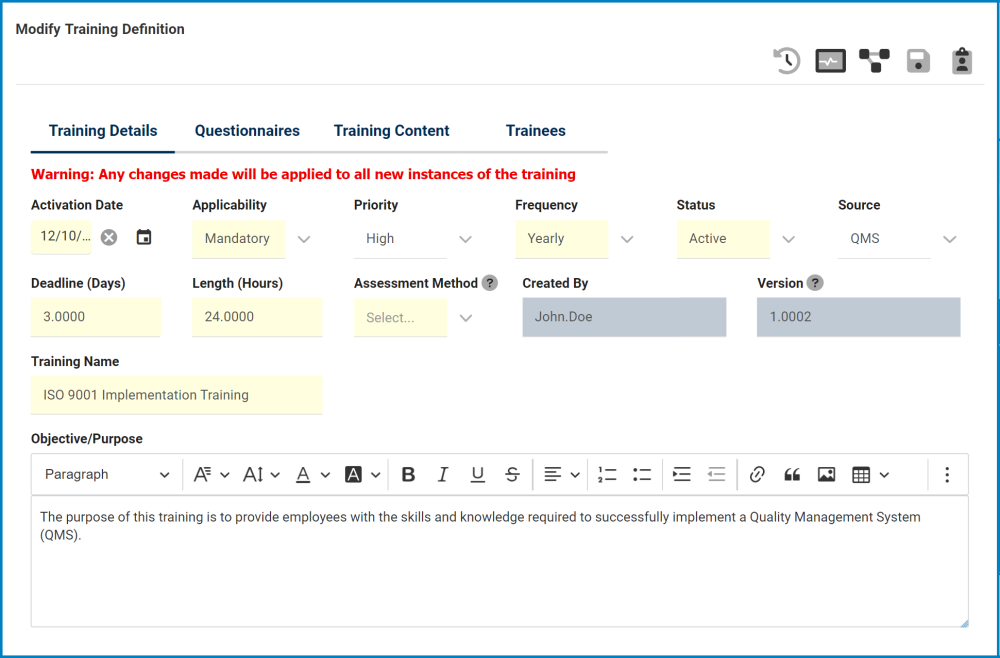 Modify Training Definition - Training - #14