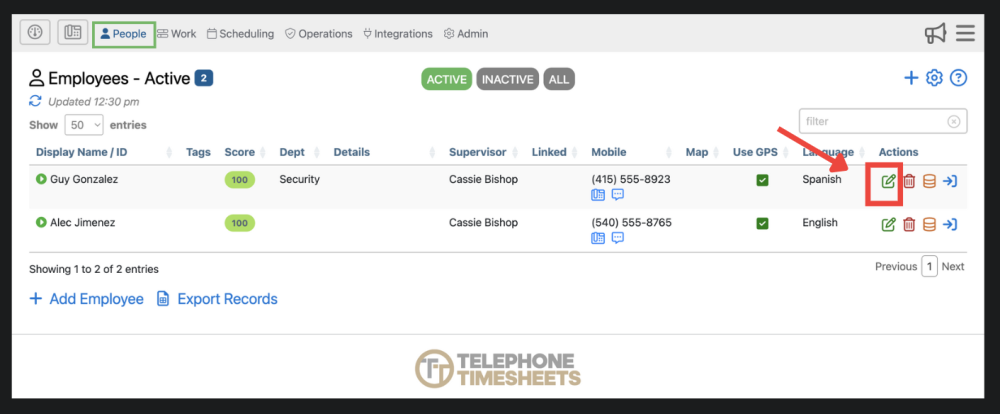 Editing Employees - Telephone Timesheets User Guide - Version 3.0