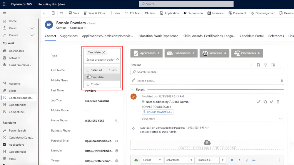 Difference between a candidate and a contact profile - Dynamics ATS User Guide - 1