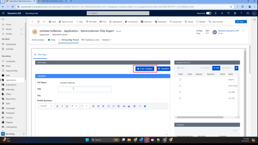Share an update to the Hiring Manager Portal - Dynamics ATS User Guide - 1
