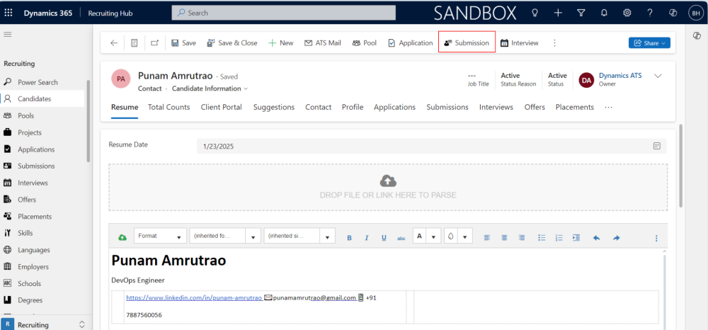 Create a Submission from a Candidate Profile - Dynamics ATS User Guide - 1