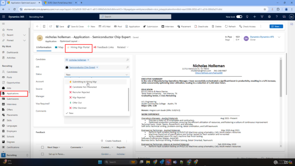 Share an update to the Hiring Manager Portal - Dynamics ATS User Guide - 1