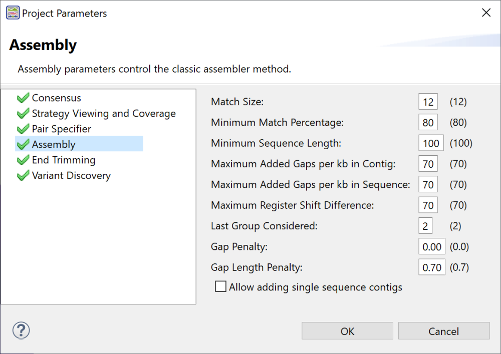 Assembly parameters - User Guide to SeqMan Ultra - 17.5
