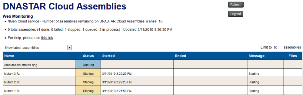 Monitor the progress of a Cloud Assembly - User Guide to SeqMan NGen - 17.4
