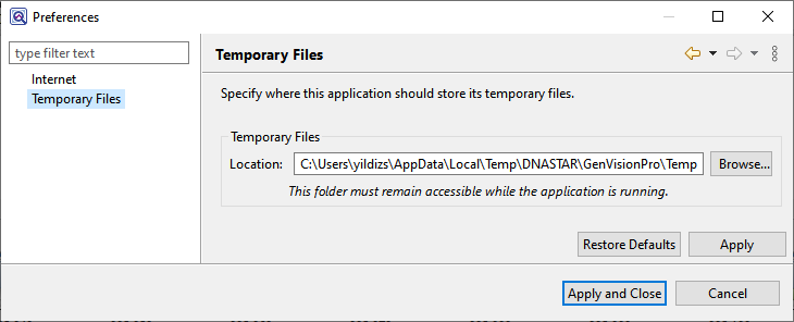 Set temporary file preferences - User Guide to GenVision Pro - 17.3.1