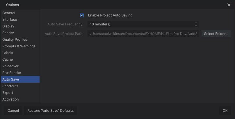 Auto Save Options - HitFilm - 2021