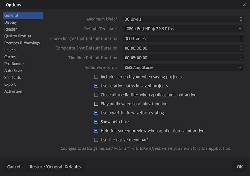 General Options - HitFilm - 15