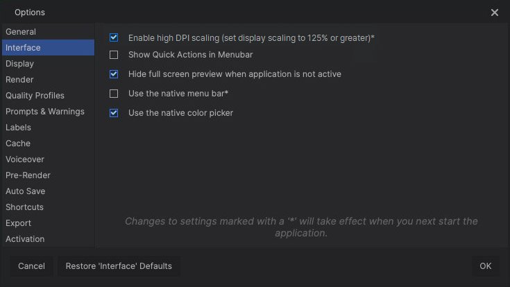 Interface Options - HitFilm - 2021