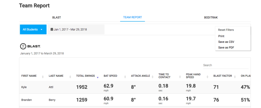 Run a Team Report - Blast Softball - 1