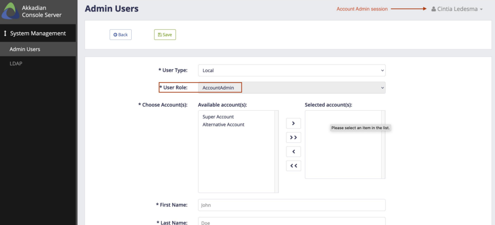 4.4.1.2 Creating the Account Admin - Akkadian Console Server - 5.1.2