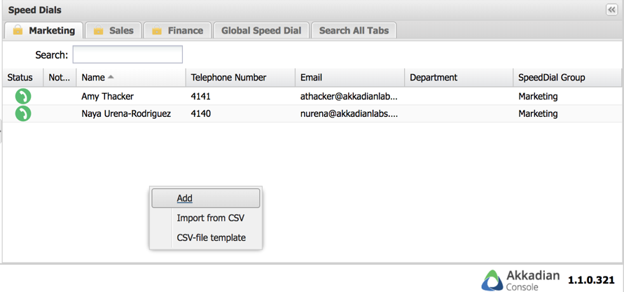 Adding Speed Dials - Akkadian Console Web User Guide - Web Console Use