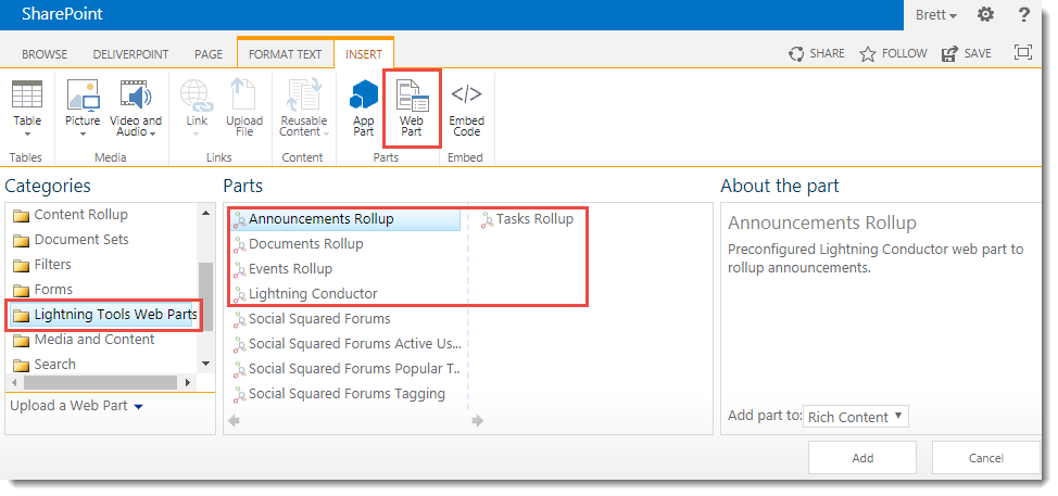 Add A Web Part To A Web Part Page Lightning Conductor Web Part 2013 30 7747