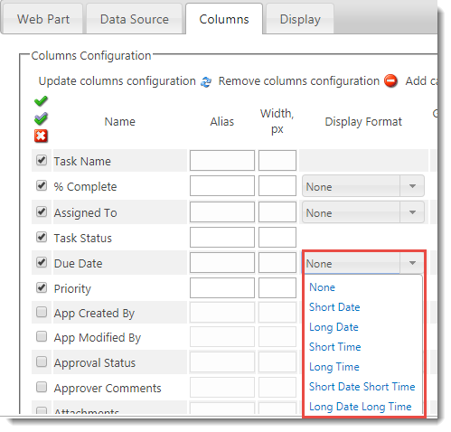 Columns Configuration - Lightning Conductor Web Part 2013 - 3.0