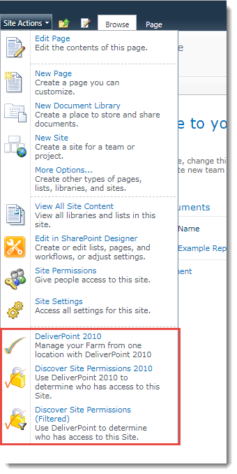 DeliverPoint Site Actions options - DeliverPoint 2010 - 1