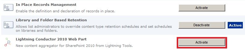 Activate The Lightning Conductor Web Part Site Collection Feature 5306