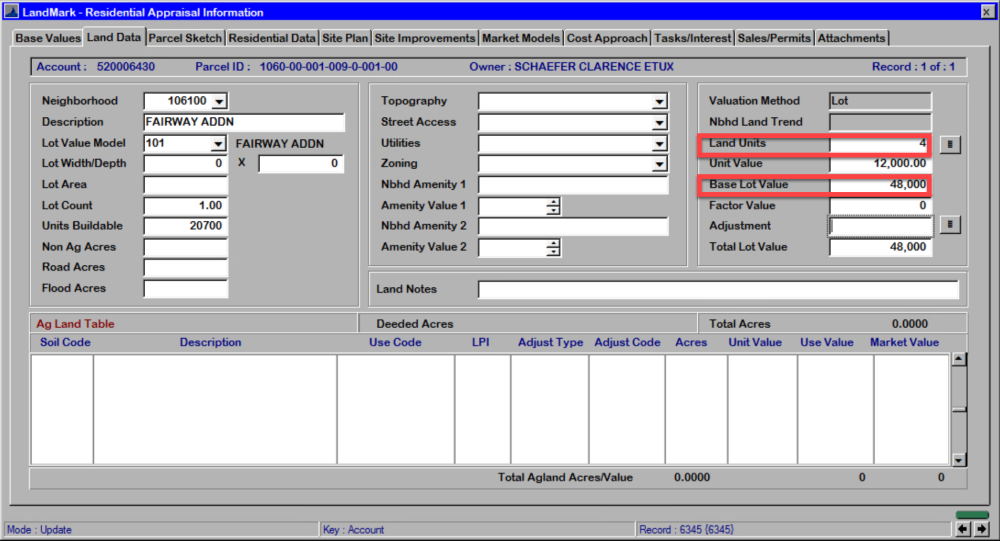 Lot Model Table Example - Residential Appraisal File - 1