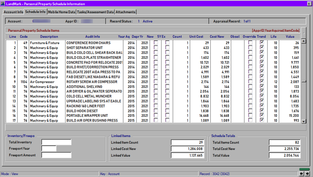 SCHEDULE INFO - Personal Property Appraisal File - 1