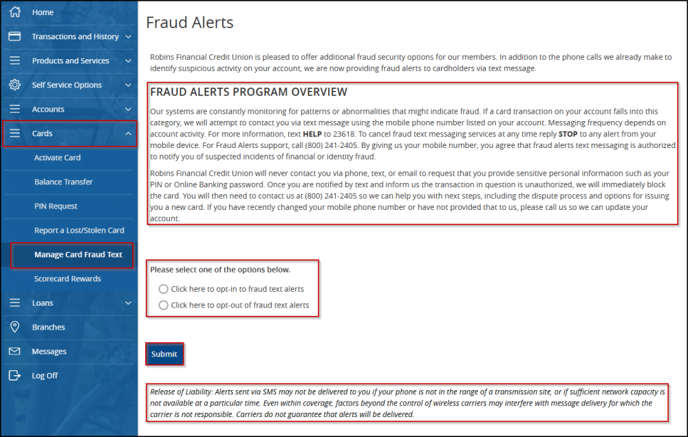 Manage Card Fraud Text - Digital Banking User Guide - 1