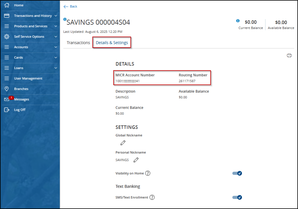 Finding Your MICR/Routing Number - Digital Banking User Guide - 1
