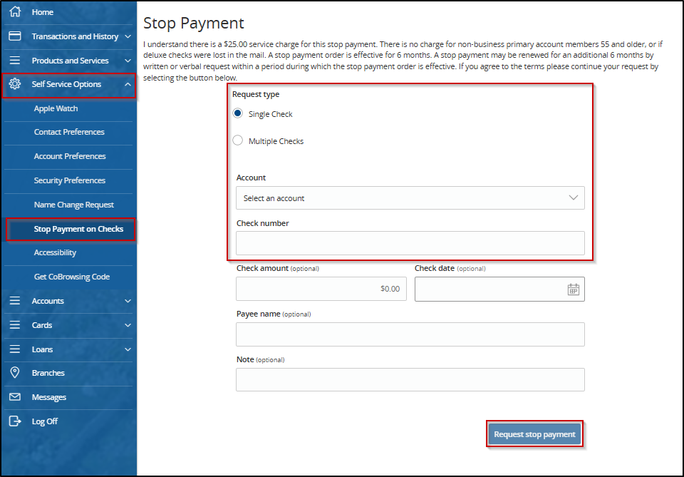 Stop Payment On Checks - Digital Banking User Guide - 1