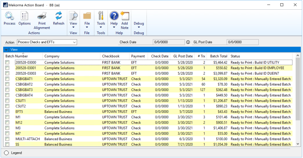 Action Board: Process All Your Batches at Once - Mekorma Products for GP User Guide - Build x92