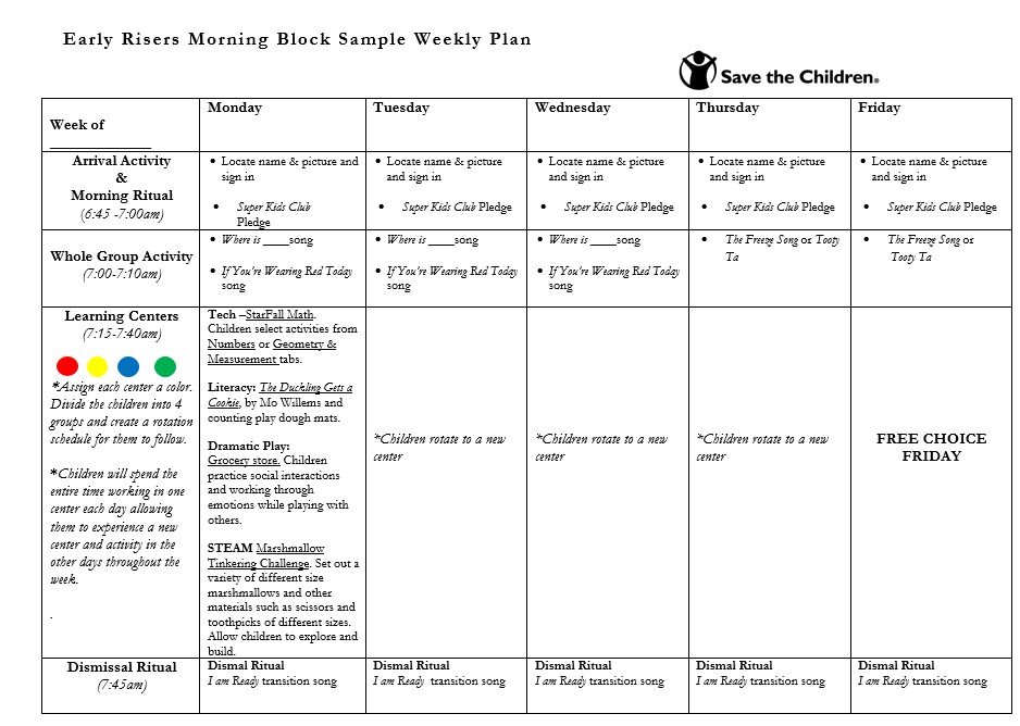 Daily Schedule - Early Risers Pre Kindergarten Program - 1