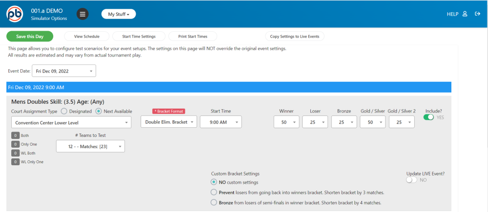 Simulator Options – Double Elimination - PB Manual - 1