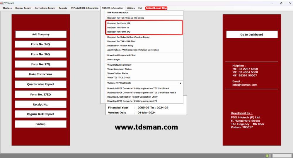 Request for Form 16 / 16A / 27D - TDSMAN Ver. 14.1 - User Manual