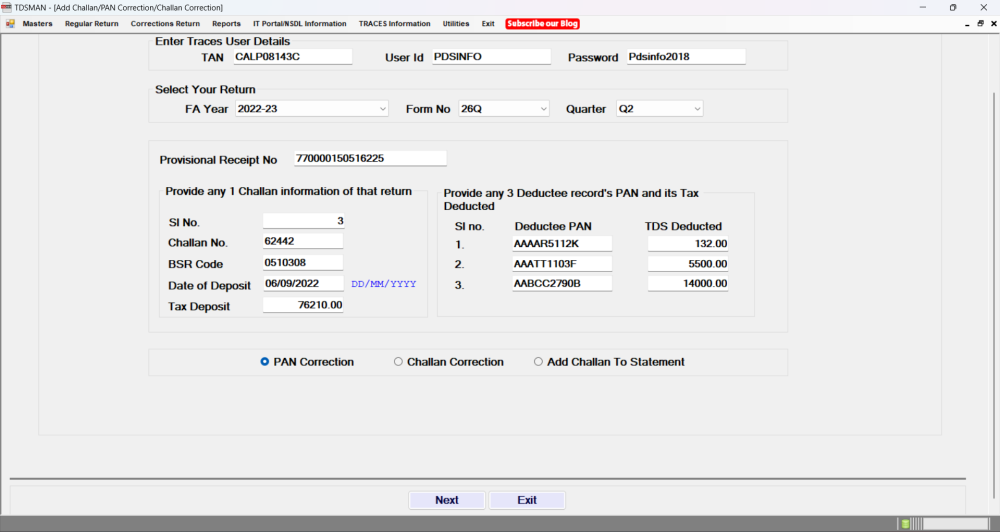 Add Challan / PAN / Challan Correction - TDSMAN Ver. 14.1 - User Manual