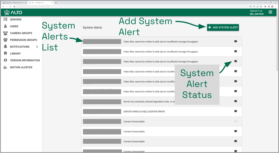 System Alerts - Orchid Alto VMS Administrator Guide - 22.6