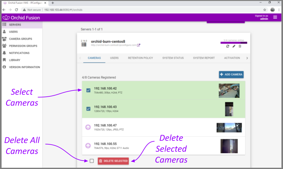 Removing Cameras - Orchid Hybrid/Fusion VMS Administrator Guide - 21.3