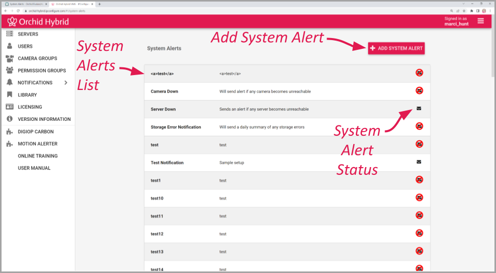 System Alerts - Orchid Hybrid/Fusion VMS Administrator Guide - 22.6