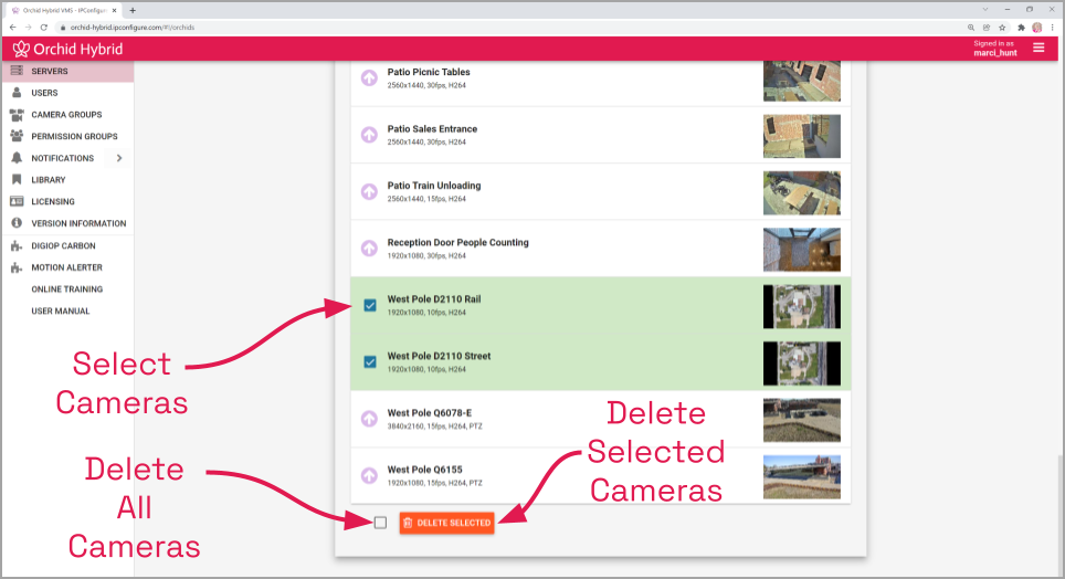 Removing Cameras - Orchid Hybrid/Fusion VMS Administrator Guide - 22.9