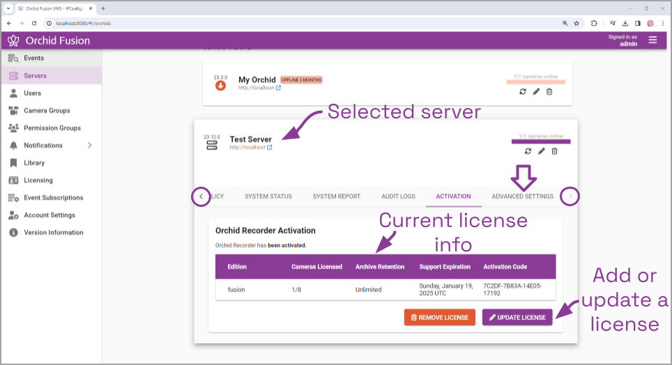 The Activation Tab - Orchid Hybrid/Fusion VMS Administrator Guide - 23.12