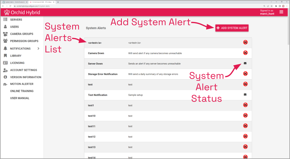 System Alerts - Orchid Fusion/Hybrid VMS Administrator Guide - 23.3