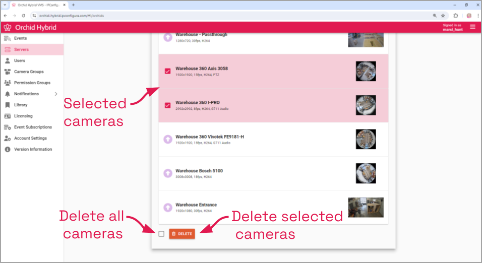 Removing Cameras - Orchid Hybrid/Fusion VMS Administrator Guide - 25.3