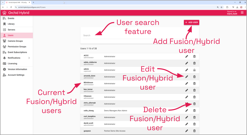 Access the Orchid Fusion/Hybrid VMS Users List - Orchid Hybrid/Fusion VMS Administrator Guide ...