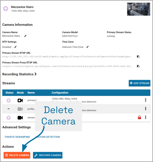 Removing a Camera - Orchid Recorder Administrator Guide - 23.6
