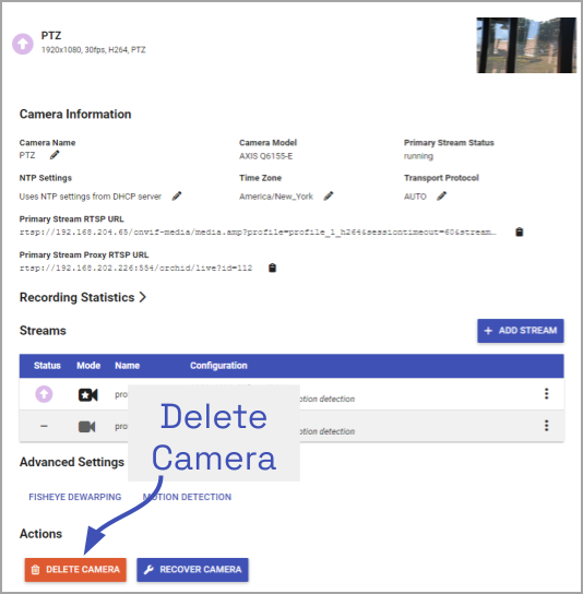 Removing a Camera - Orchid Recorder Administrator Guide - 23.12