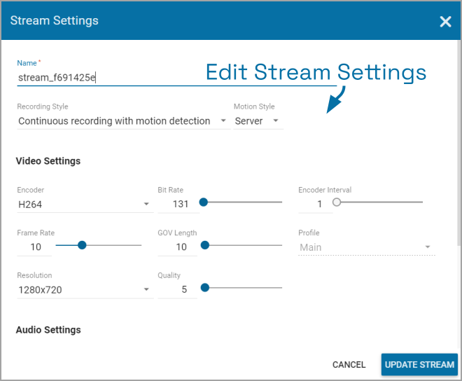 Camera Stream Settings - Orchid Recorder Administrator Guide - 23.9